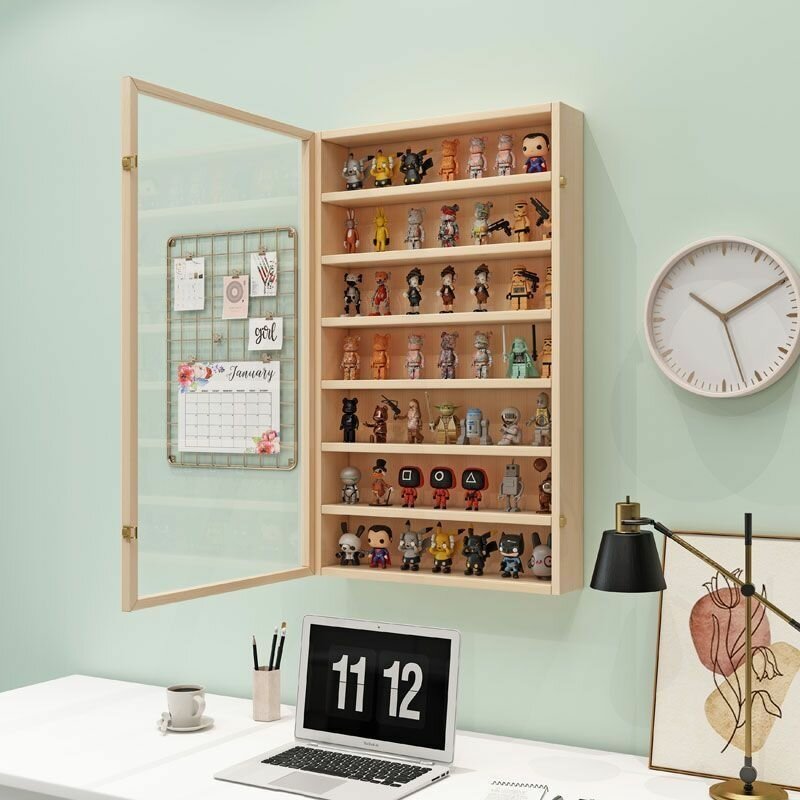 Витрина со стеклом для коллекционных предметов, стеллаж настенный, Дуб Винтерберг, 6 секций