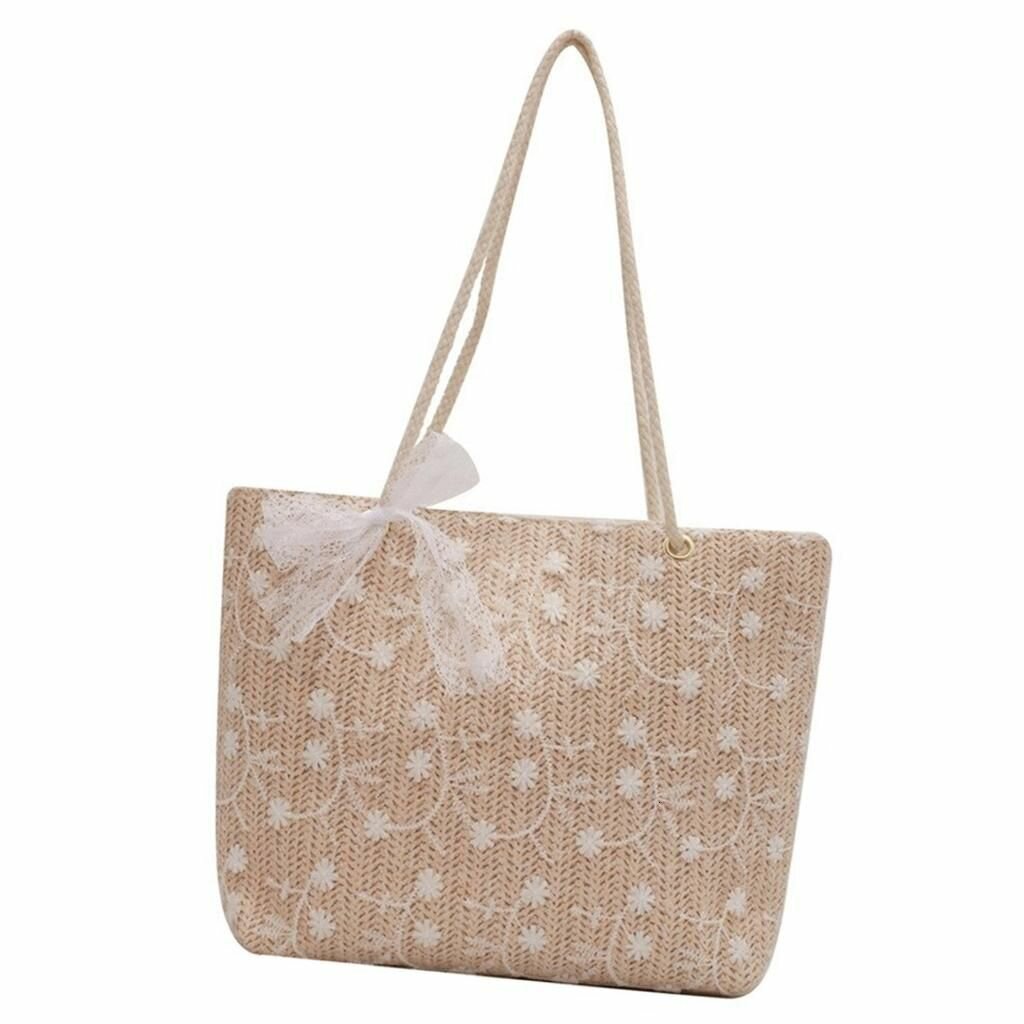 Сумка плетеная из соломки с кружевом, Белый - Белые цветы