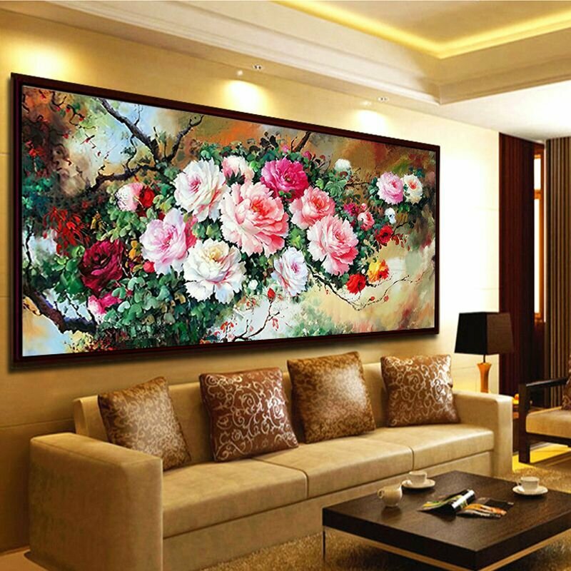 Алмазная мозаика большого размера без подрамника 120х50 см "Разноцветные пионы" / flowers diamond rhinestone painting