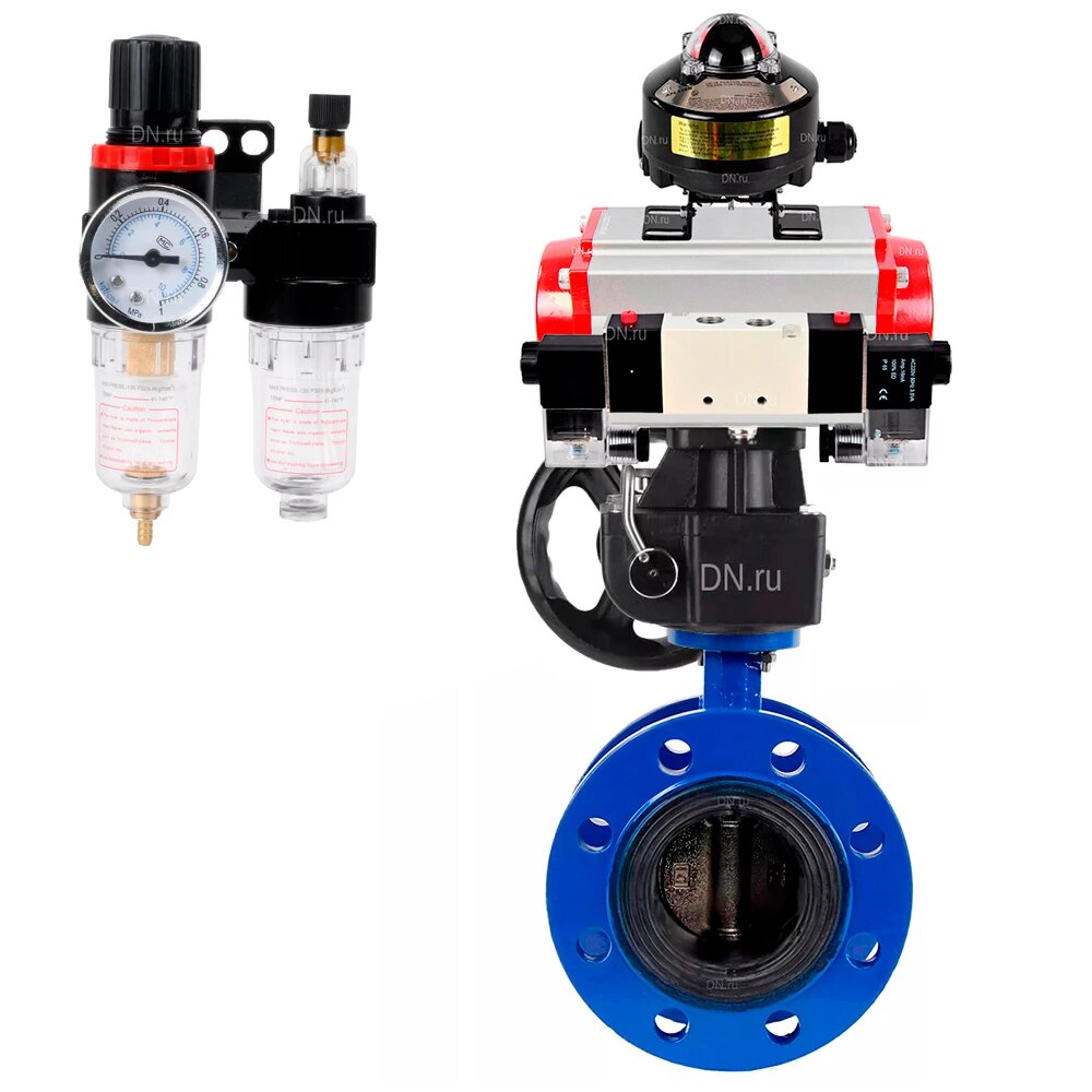 Затвор дисковый поворотный DN. ru GGG40-304-EPDM-2W-F-H Ду65 Ру16 чугун GGG40/нерж. сталь 304, EPDM, с пневмоприводом DA-105, пневмораспределителем PND1-S2EM-52-2-T10-220VAC, БКВ LSB-510-02ExM12-250, дублером HDM-3 и БПВ APU1-10-40-V08