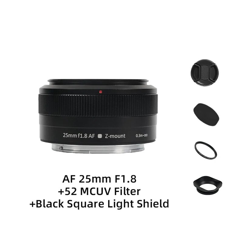 AF 25mm F1.8 Z-mount, Black Filter Hood, MCUV Filter