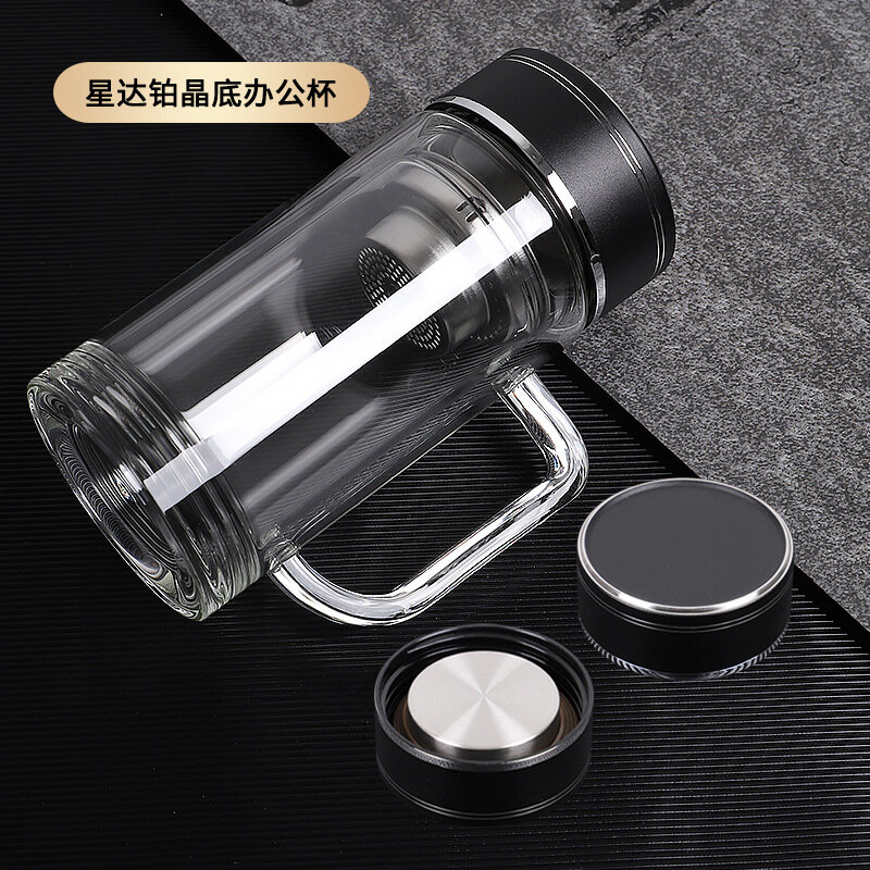 Двухслойная стеклянная кружка с ручкой, индивидуальный логотип, устойчивая к высоким температурам, оптовая чайная кружка, офисная кружка, рекламный подарок, водяная кружка с печатью