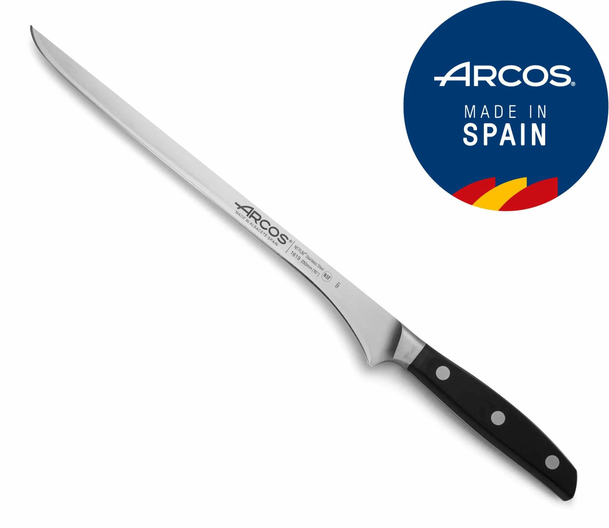 Нож для нарезки Arcos Manhattan пр-во Испания, профессиональный, кованный, лезвие 25 см, чёрный
