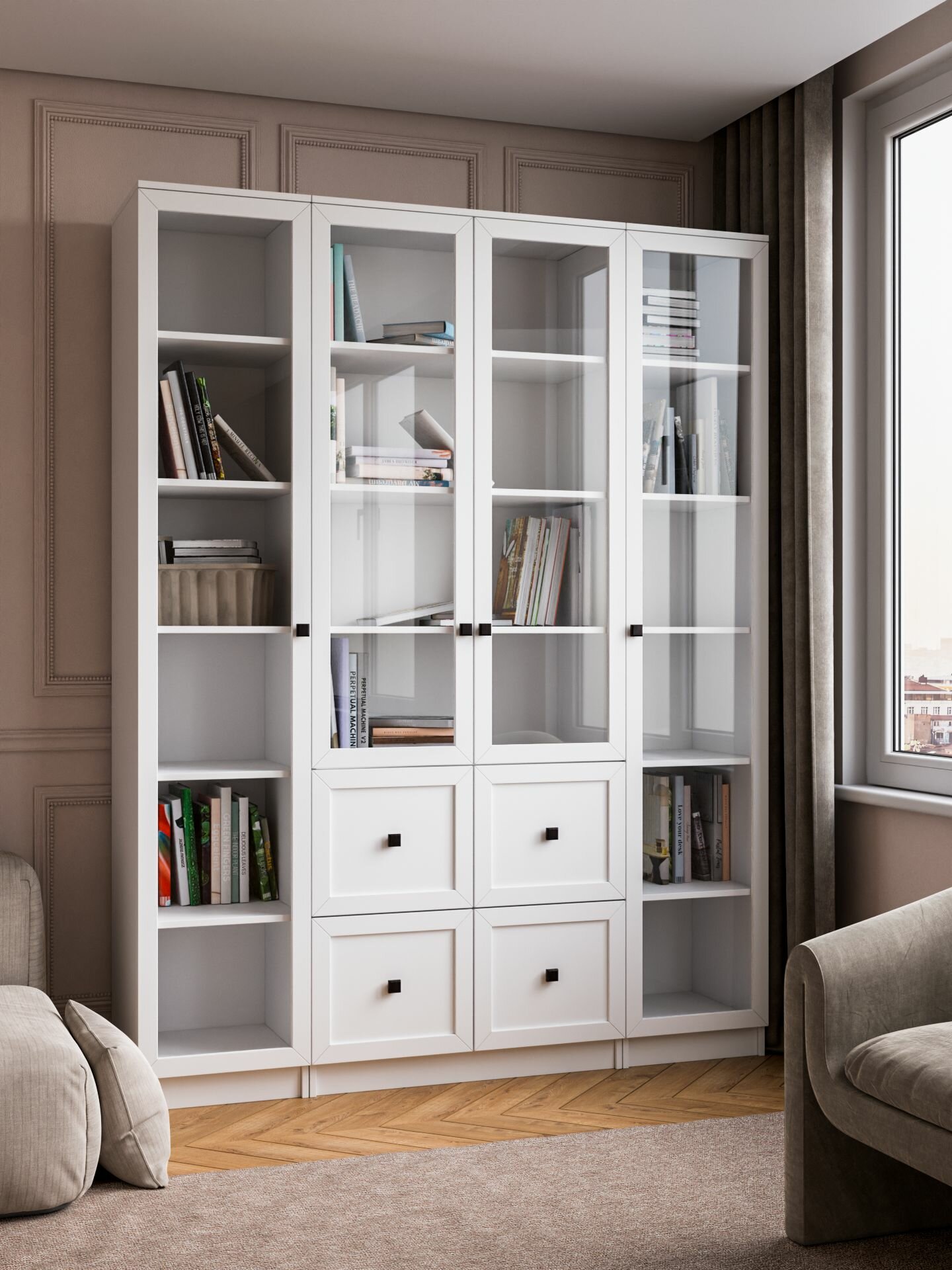 Шкаф для книг Вест 4.14, 136х38х210 см, со стеклом, шкаф для домашней библиотеки, с полками, белый