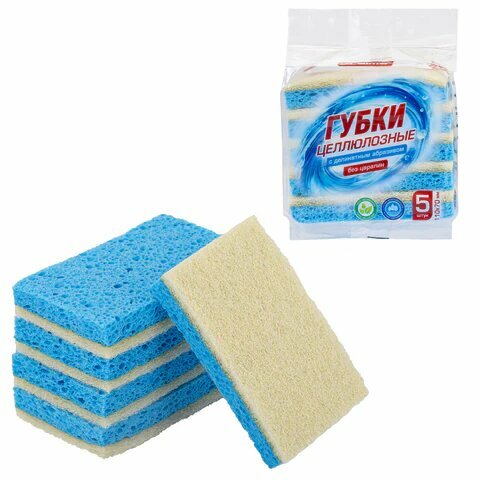 Губки для посуды 110х70х20 мм, целлюлозные + абразив, комплект 5 штук, синий/белый абразив, LAIMA, 700260: 8 комплектов