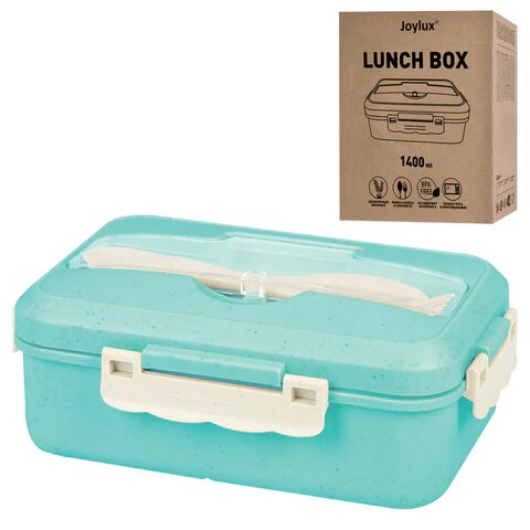 Ланч-бокс контейнер 3 отделения 1.4л ложка, вилка, 8х21х14см, мятный, JOYLUX ECO, 609344