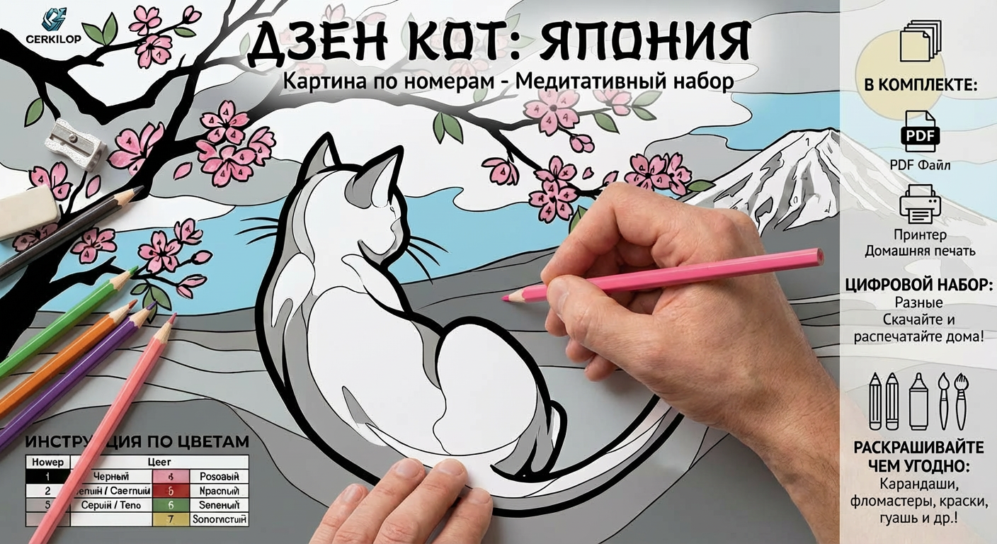 Цифровая раскраска "Японская Кошка и гора", многоразовая, для карандашей, фломастеров, гуаши и акварели