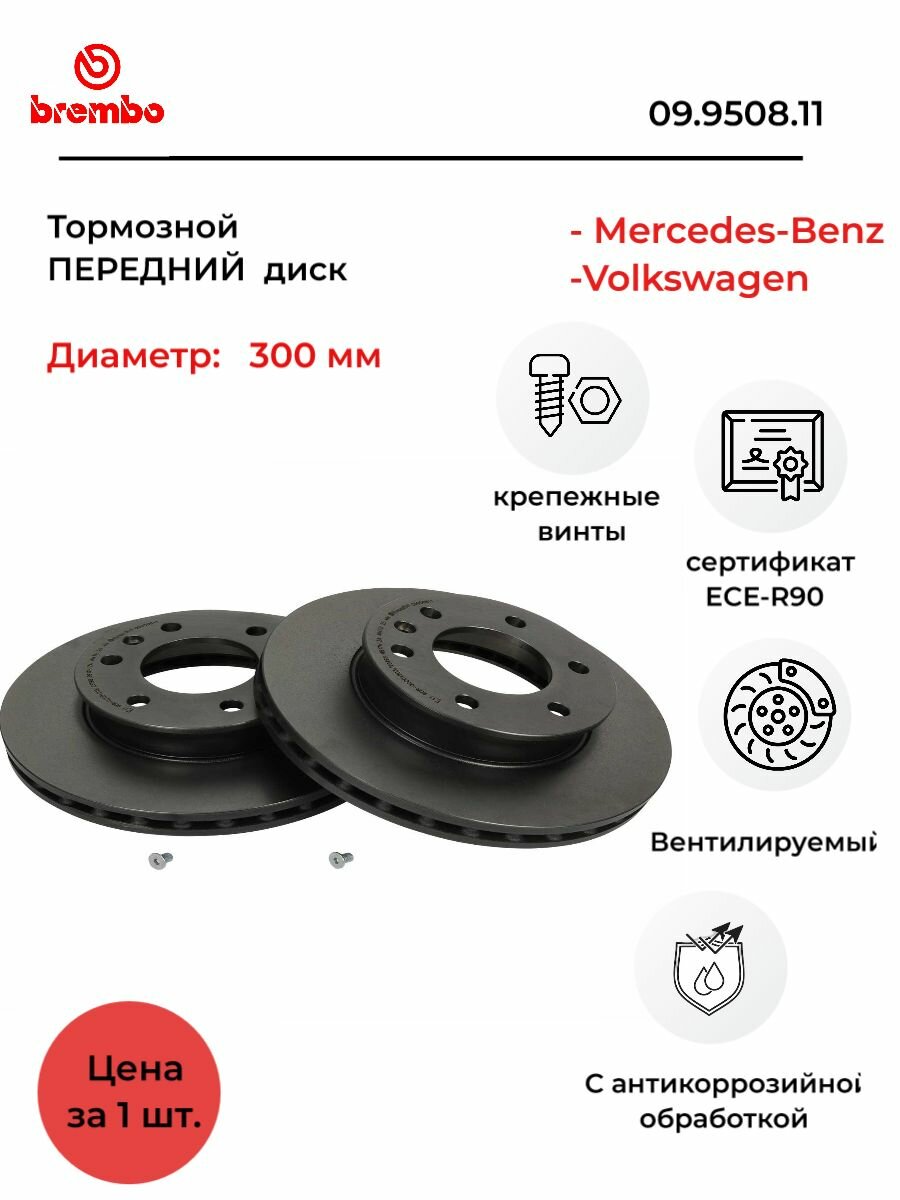 Диск тормозной вентилируемый передний BREMBO (09.9508.11) Prime UV Coated