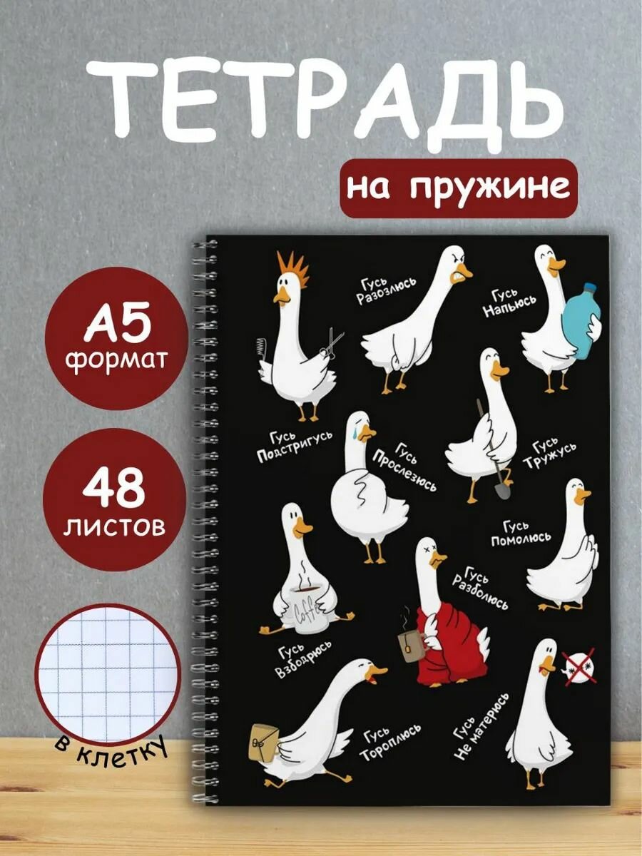 Тетрадь в клетку 48 листов на пружине, блокнот А5 Смешные Гуси