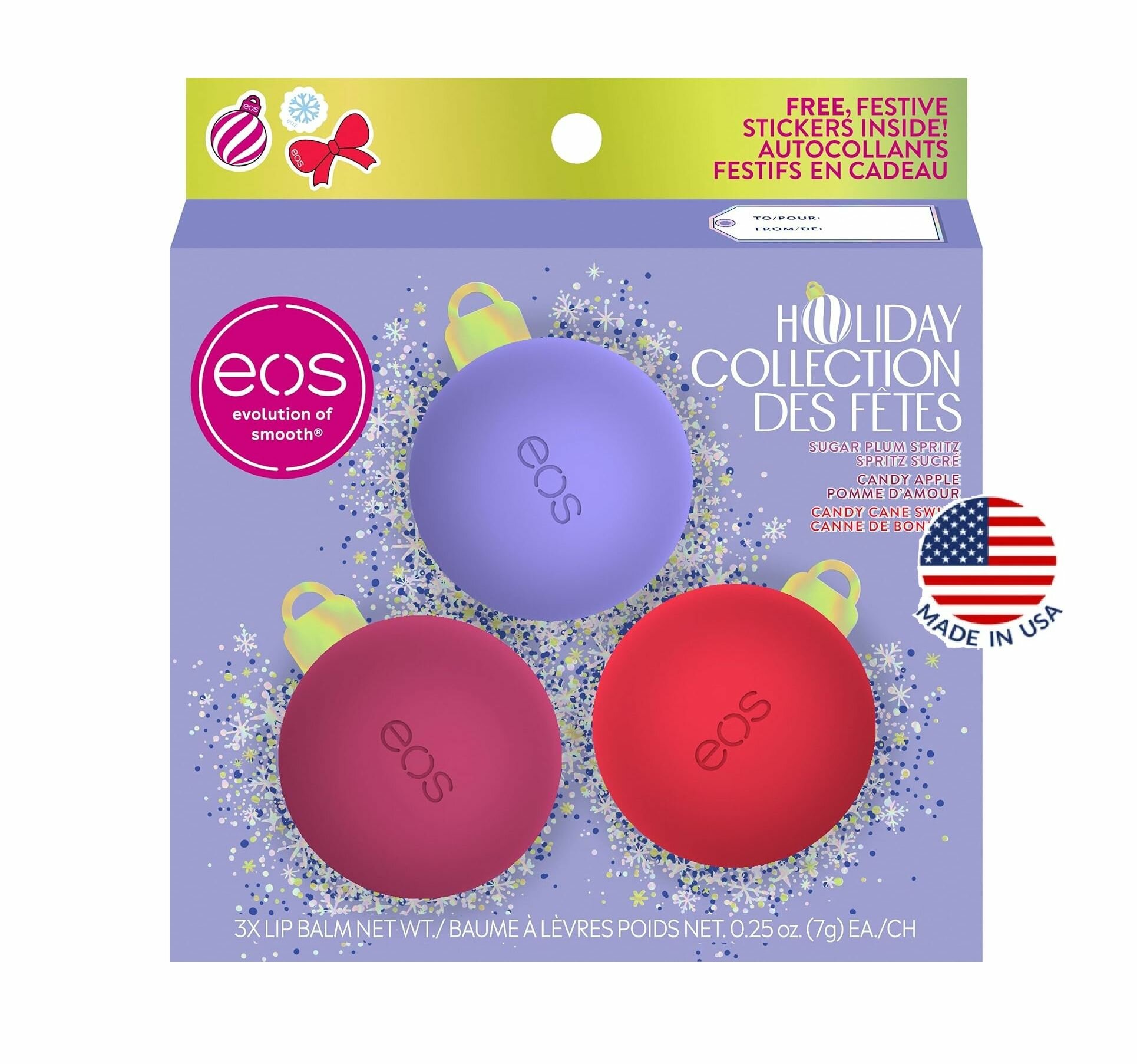 Подарочный набор бальзамов для губ eos Holiday Lip Balm Sphere Gift Set, Sugar Plum Spritz, Candy Apple, Candy Cane Swirl, лимитированная серия средств по уходу за губами, натуральное масло ши
