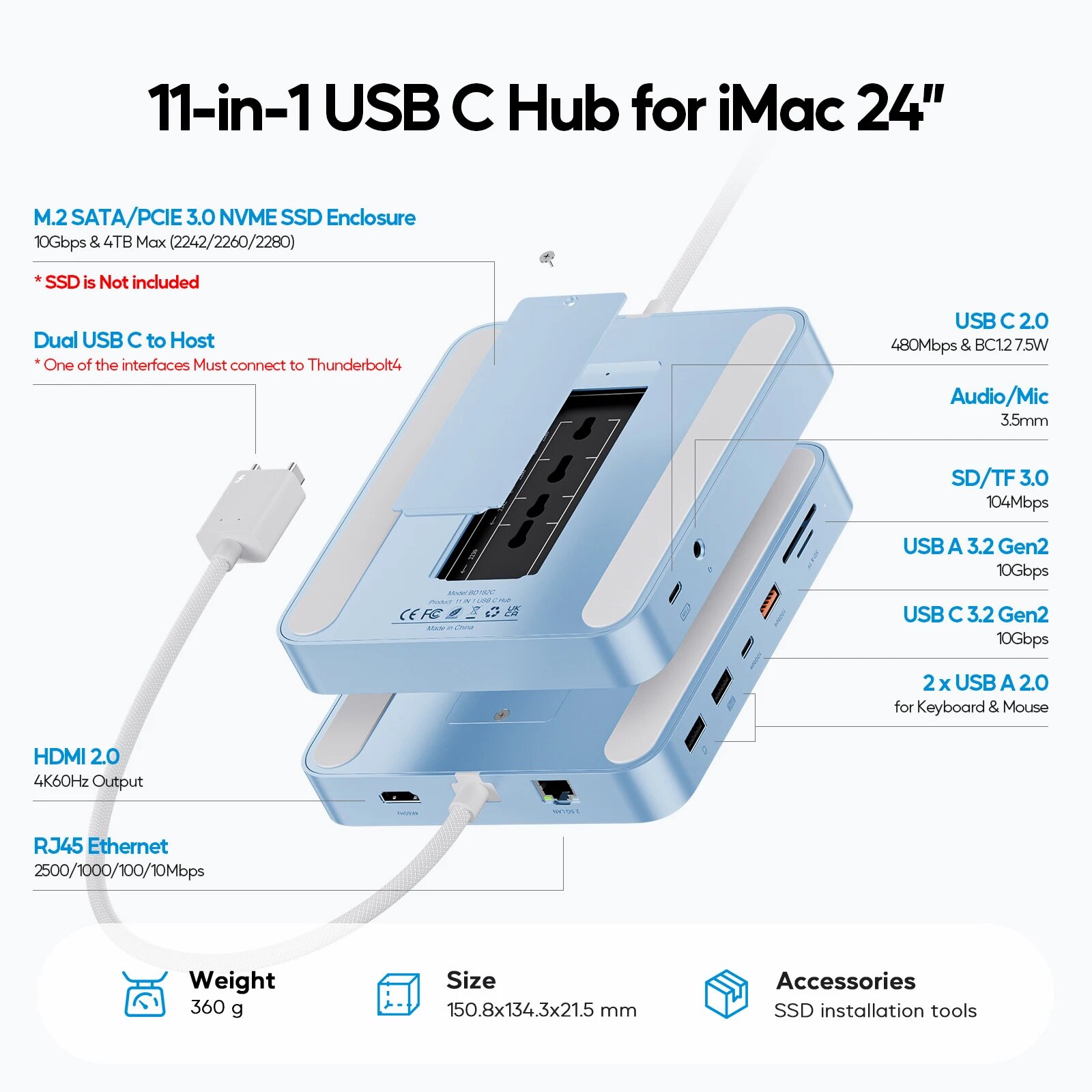 USB-концентратор PULWTOP 11-в-1, Blue, для iMac