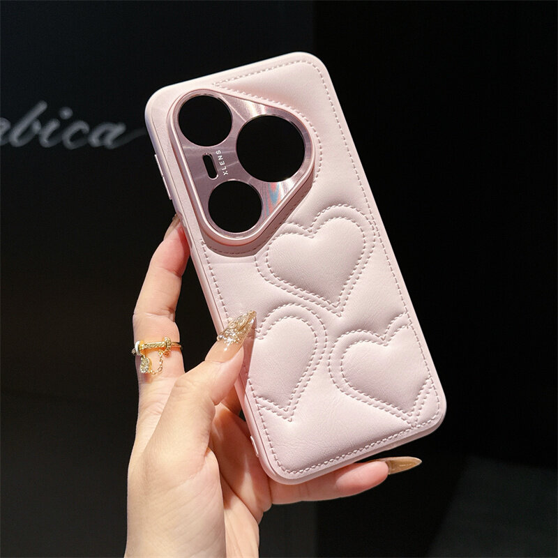 Чехол для Huawei Pura 70 Pro, розовый, с сердечками, стеганый, противоударный, стильный дизайн