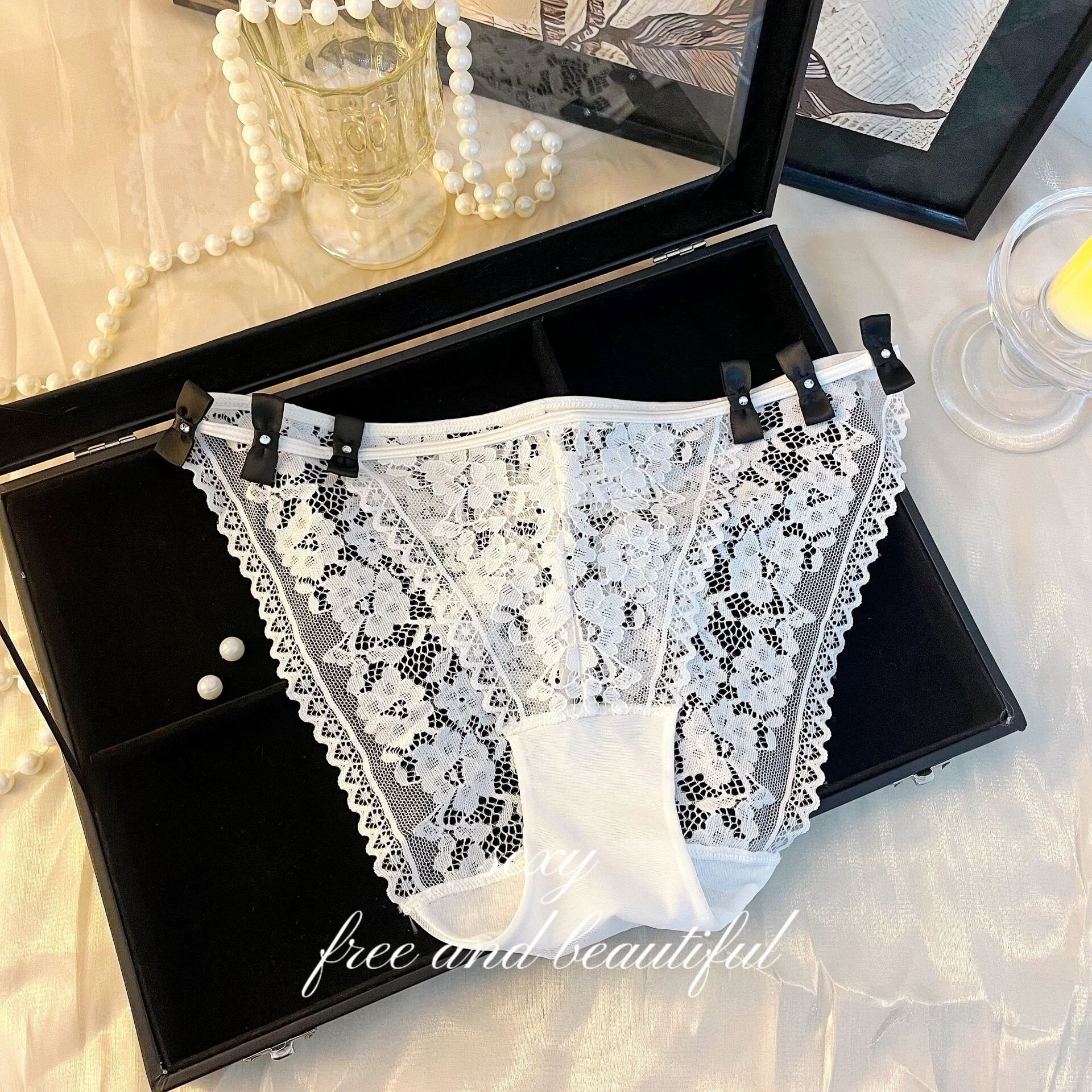 Французский стиль, сексуальные кружевные, ажурные, чистое желание, бантик, блестящие бриллианты, средняя талия, дышащие, удобные, дружелюбные к коже женские треугольные трусики