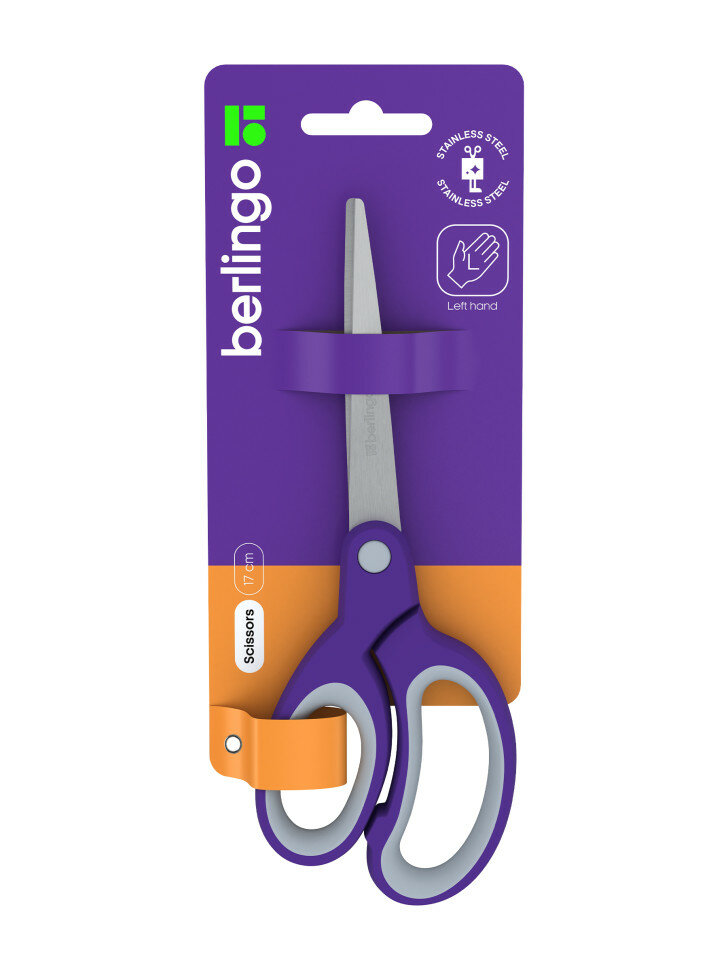 Ножницы для левшей Berlingo 17см, эргономичные ручки, мягкие вставки европодвес, 374585