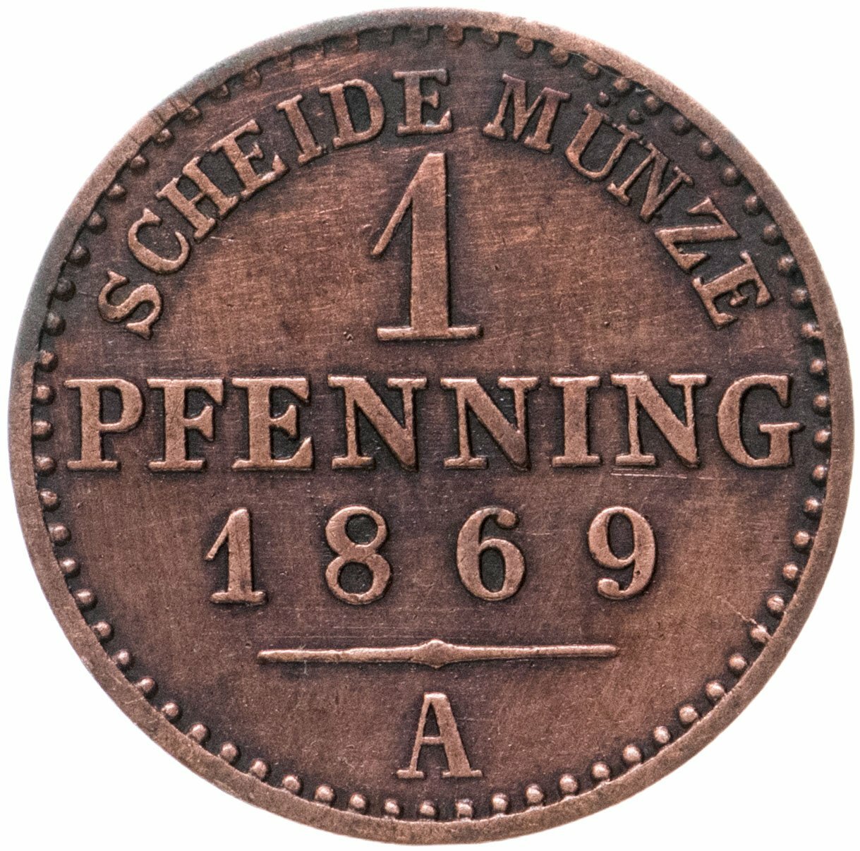 Германия, Пруссия 1 пфенниг 1869, Медь, в сохранности VF