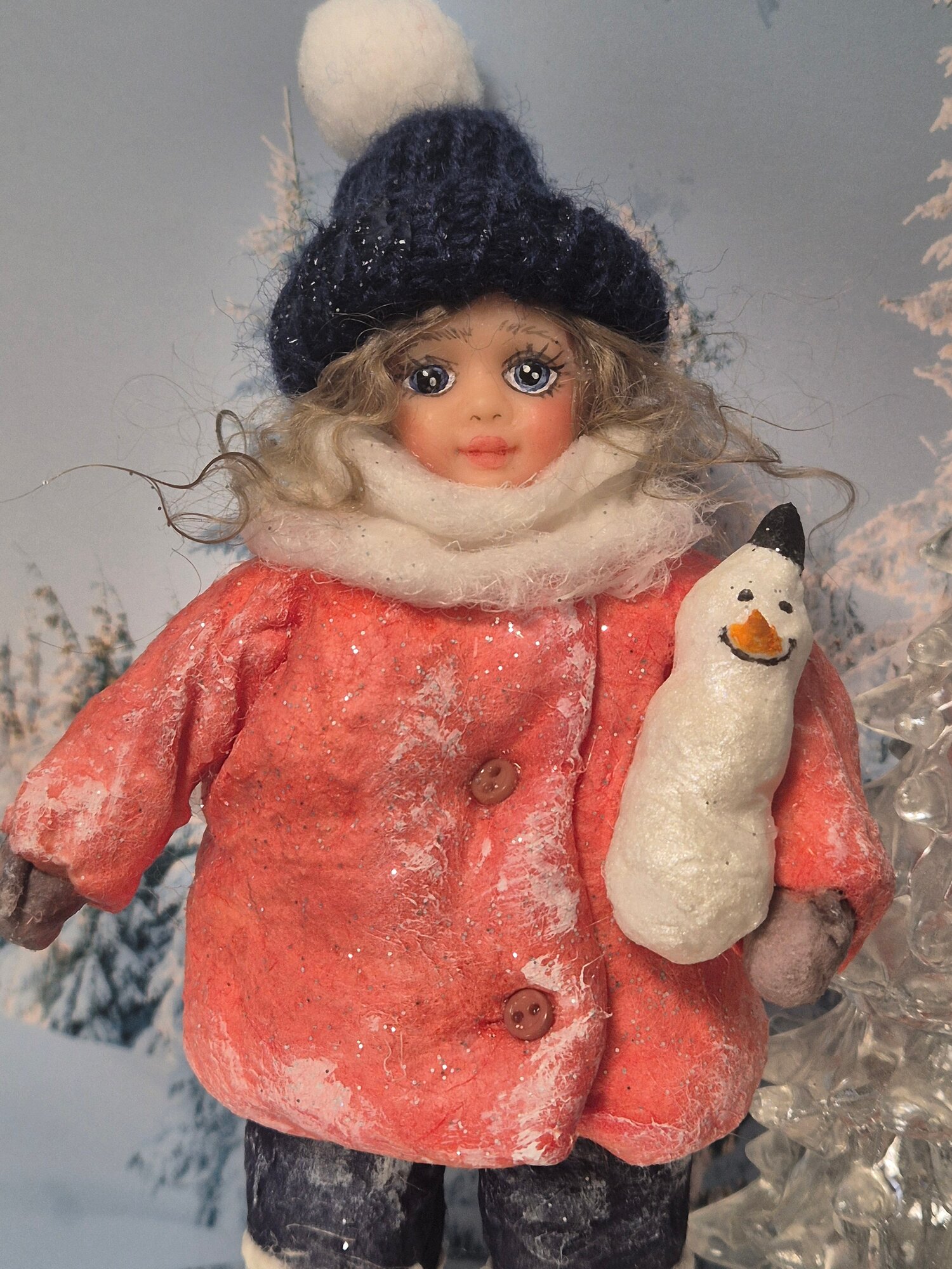 Ёлочная игрушка Affavatta, "девочка и снеговик", 12см, ручная роспись