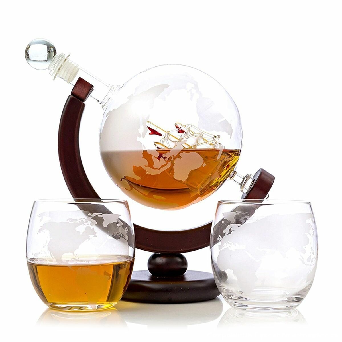 Декантер "Корабль в глобусе", с двумя стаканами, дерево/стекло, 800/230мл