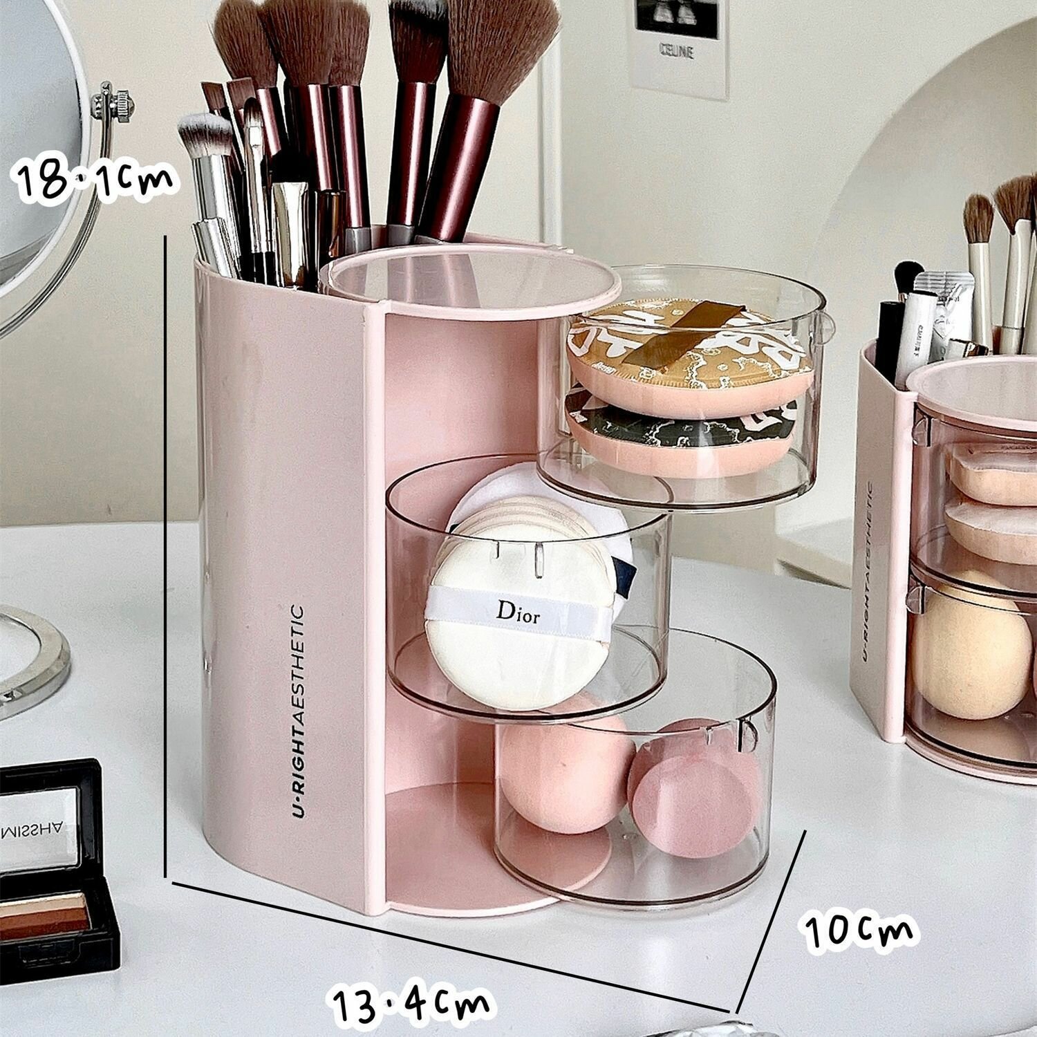 Большая емкость для подушек, настольная коробка для хранения пудры, вращающаяся косметическая кисть, пылезащитный многослойный держатель для туалетного столика