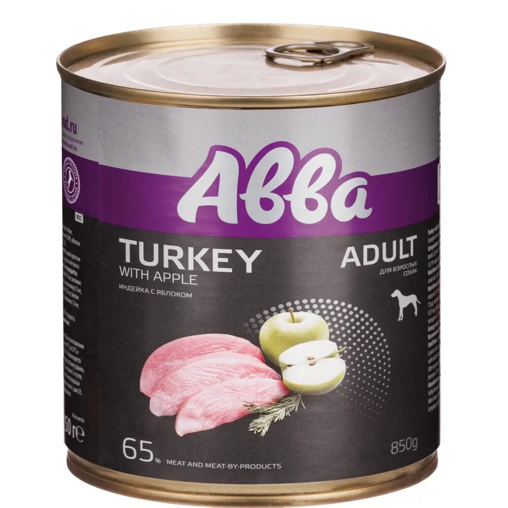 Авва Adult Влажный корм (консервы) для взрослых собак всех пород, с индейкой и яблоком, 850 гр, 4 шт