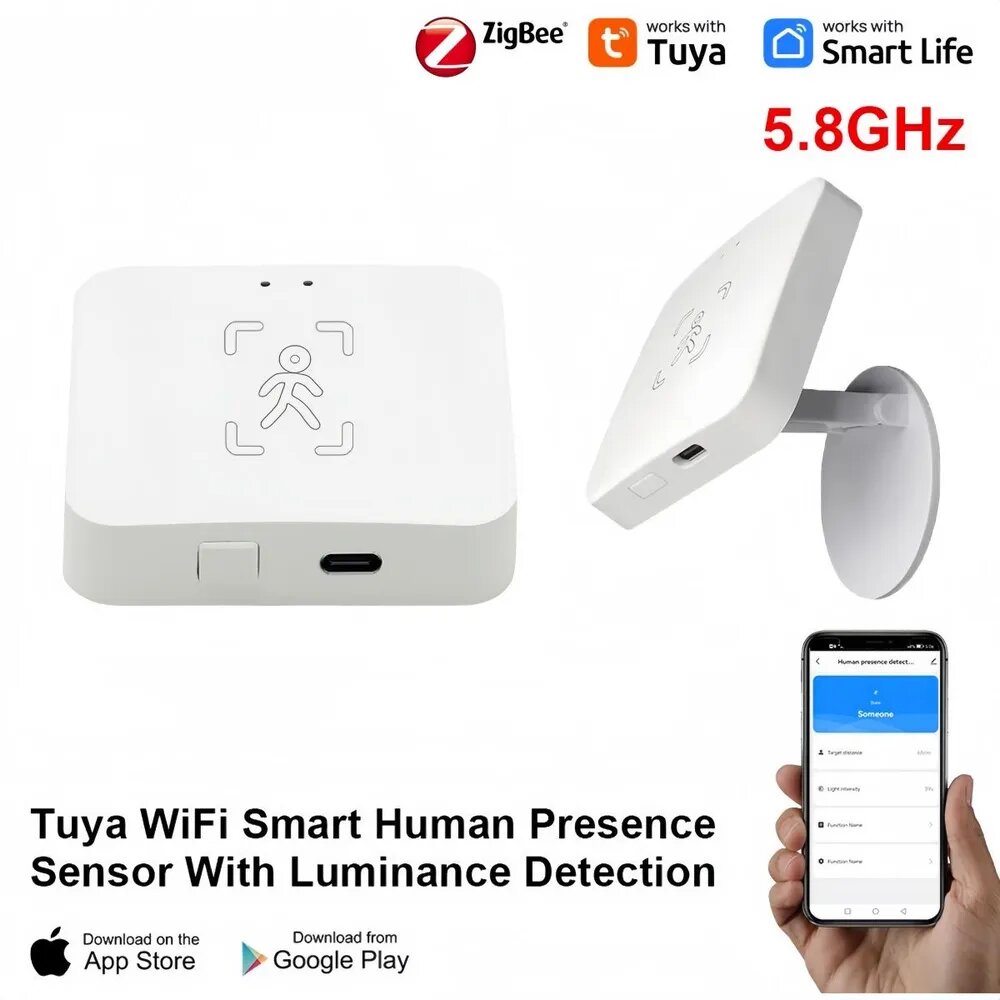 Zigbee 3.0 Умный датчик света и движения, Tuya Smart Life, 5.8G MmWave Радар Датчик присутствия человеческого тела