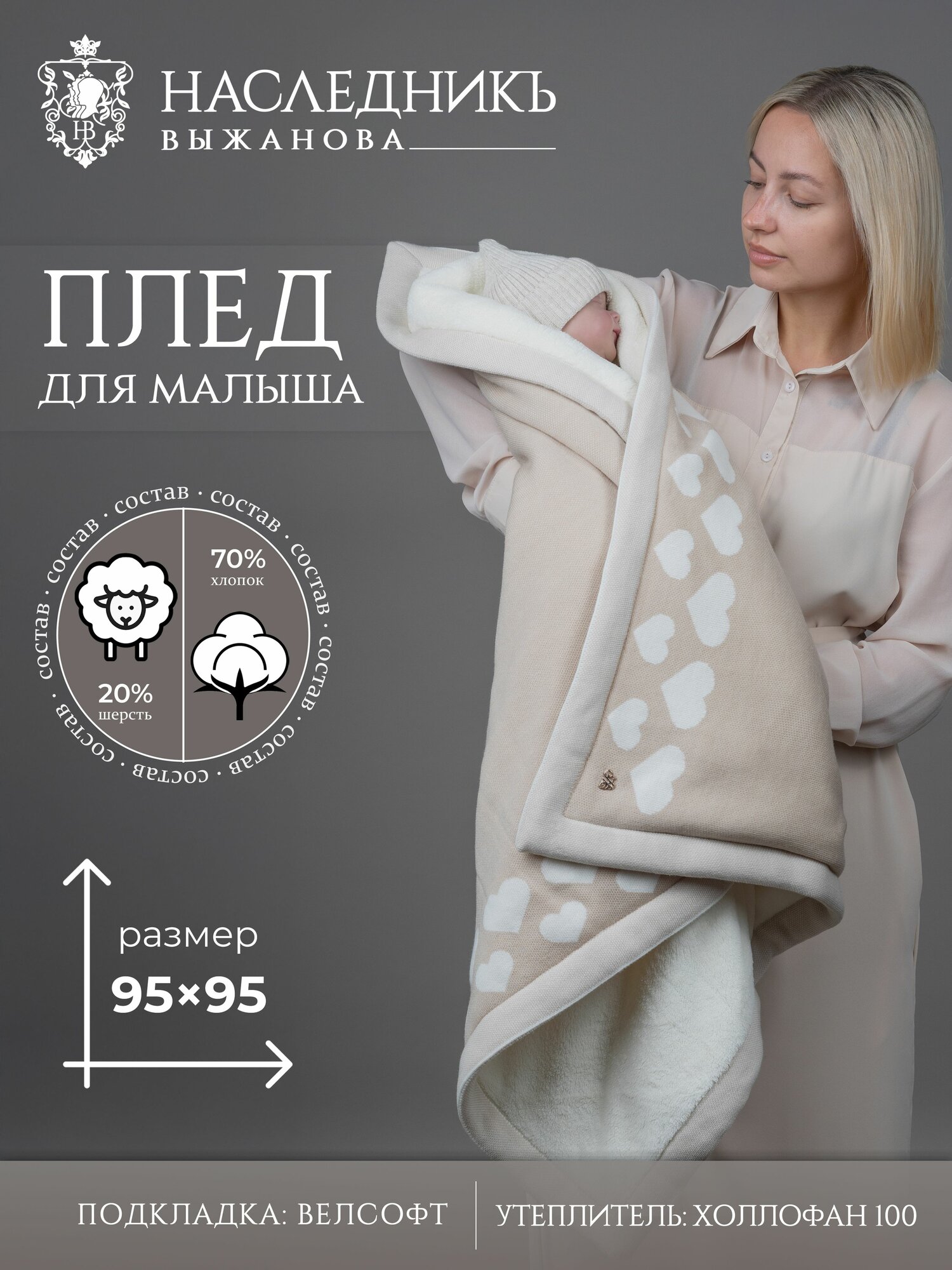 Плед "Любимое печенье" утепленный для новорожденного НаследникЪ Выжанова на выписку, в кроватку, в коляску