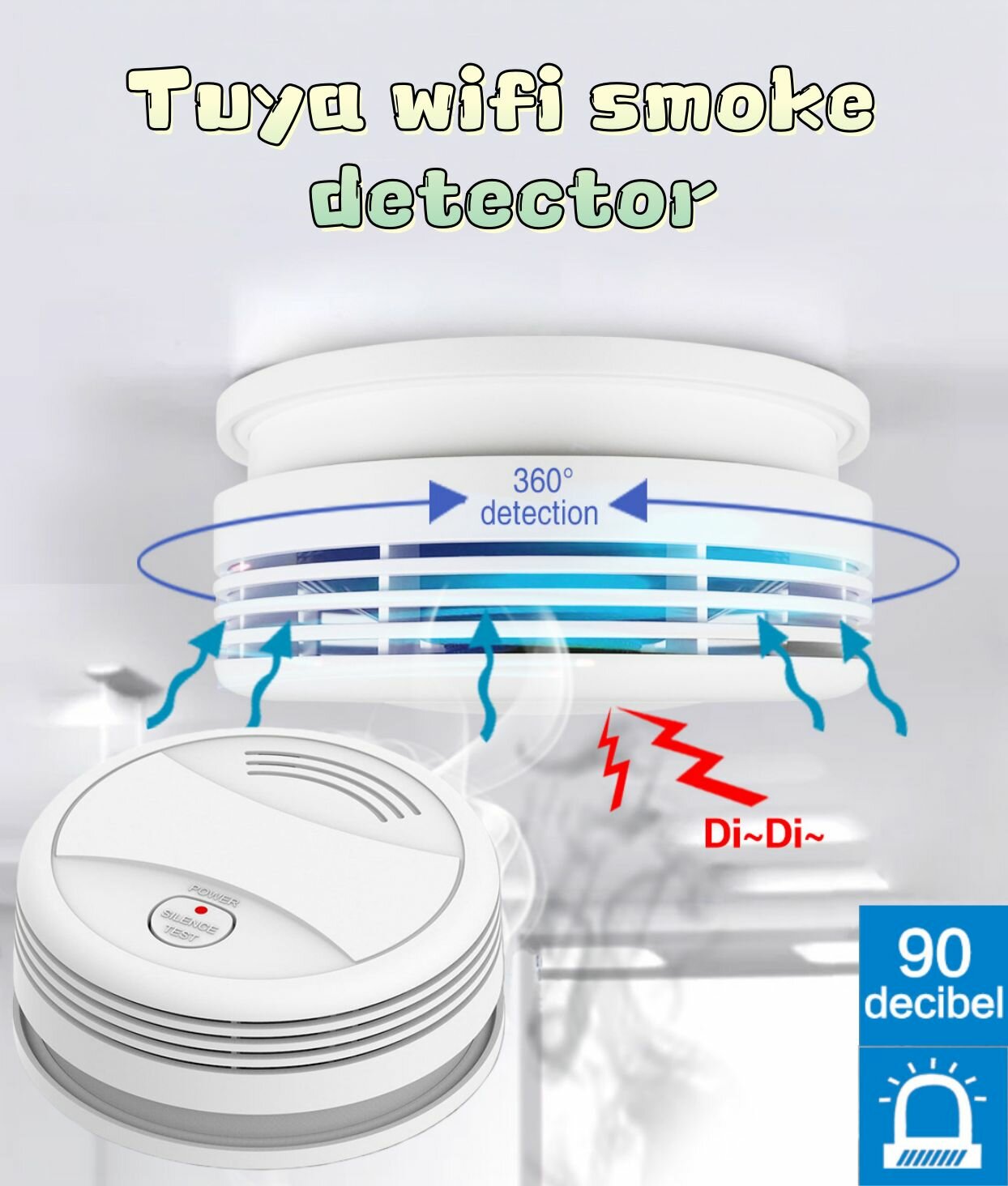 Умный Wi-Fi датчик дыма Tuya, фотoэлектрический сенсор, громкая сирена 90 дБ, оповещение через приложение, пожарная сигнализация для дома и офиса