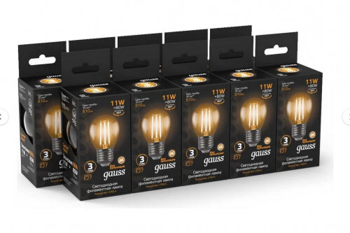 Светодиодная лампа Gauss Filament Шар 11W 810lm 2700К Е27 LED (упак 10шт)