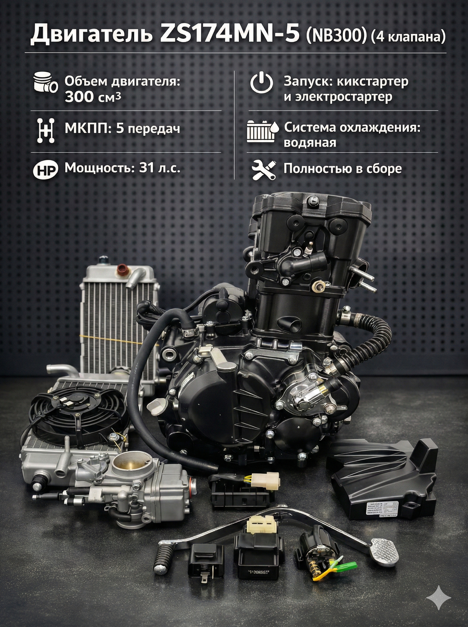 Двигатель ZS174MN-5 (NB300) для эндуро, кроссового мотоцикла (5МКПП) в сборе