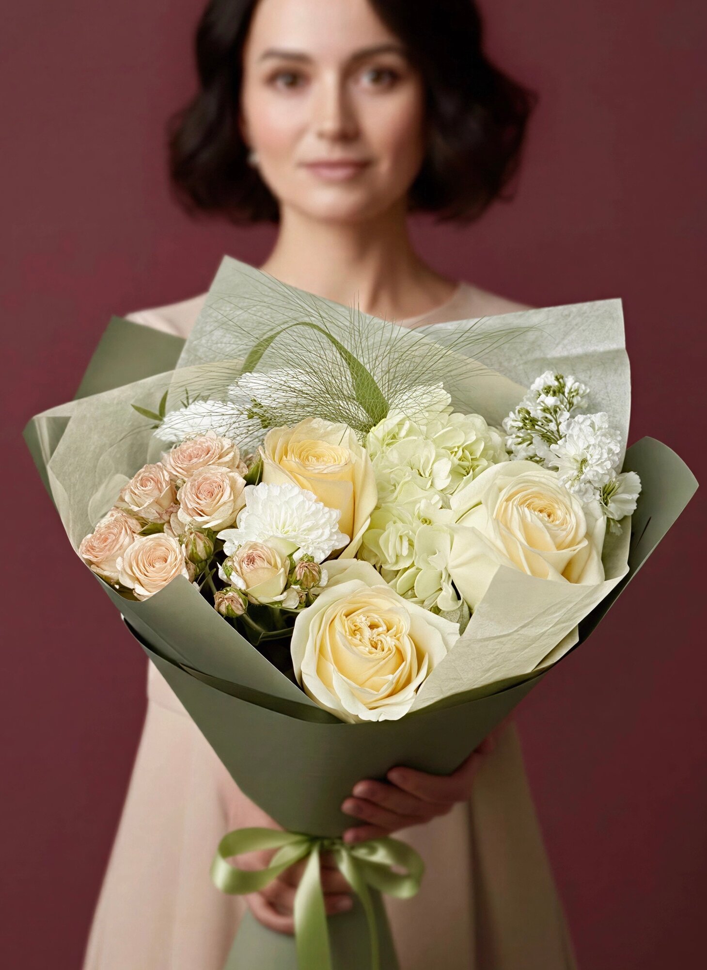 Сборный букет «Светлые мечты» с гортензией и кустовой хризантемой