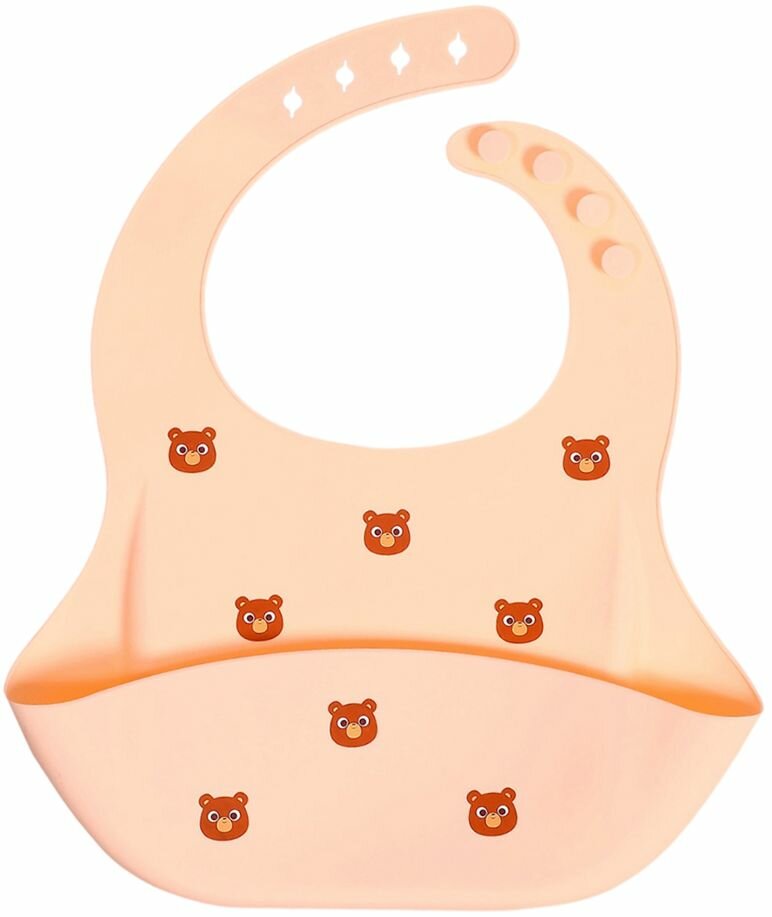 Нагрудник детский для кормления "Мишка", силиконовый слюнявчик с карманом, непромокаемый фартук нагрудный, цвет бежевый
