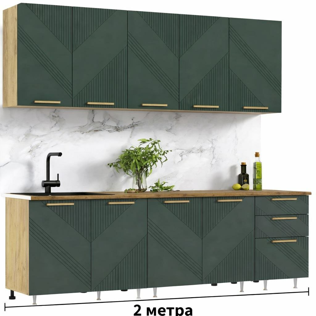Кухня Ирис со столешницей 2,0 м Браш мени грин/Дуб Крафт , ЛДСП/МДФ, Высота верхних модулей: 720мм, фрезеровка "линии"