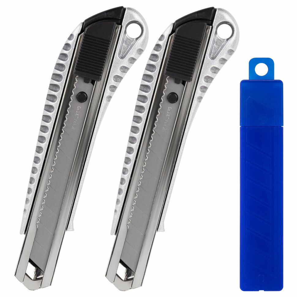 Нож канцелярский 18 мм, комплект 2 штуки + 10 лезвий, BRAUBERG Metallic, металлический корпус, 273929, 273929