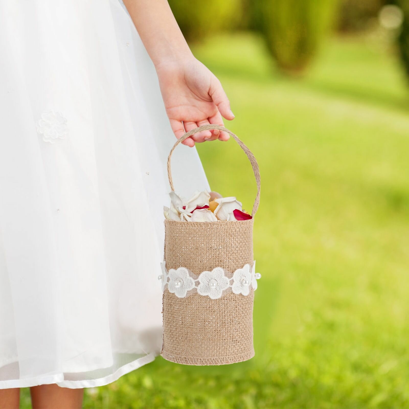 Белая корзина для цветочницы из мешковины с лентой, набор из 2 штук для свадьбы