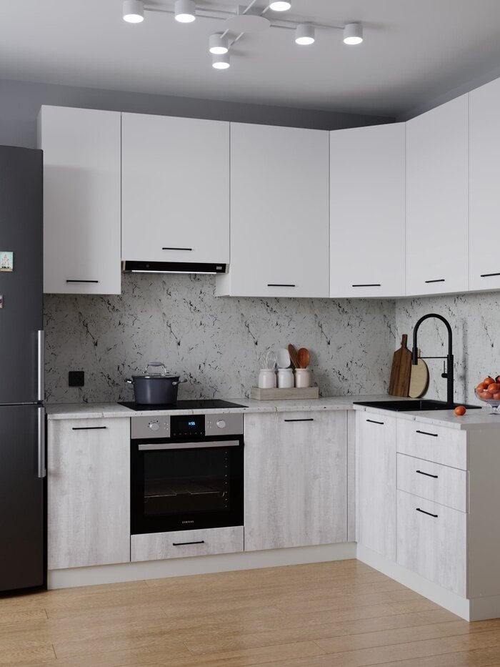 Кухонный гарнитур угловой «бланка», 2200×1600 мм, цвет жемчуг/пайн мрамор марквина белый