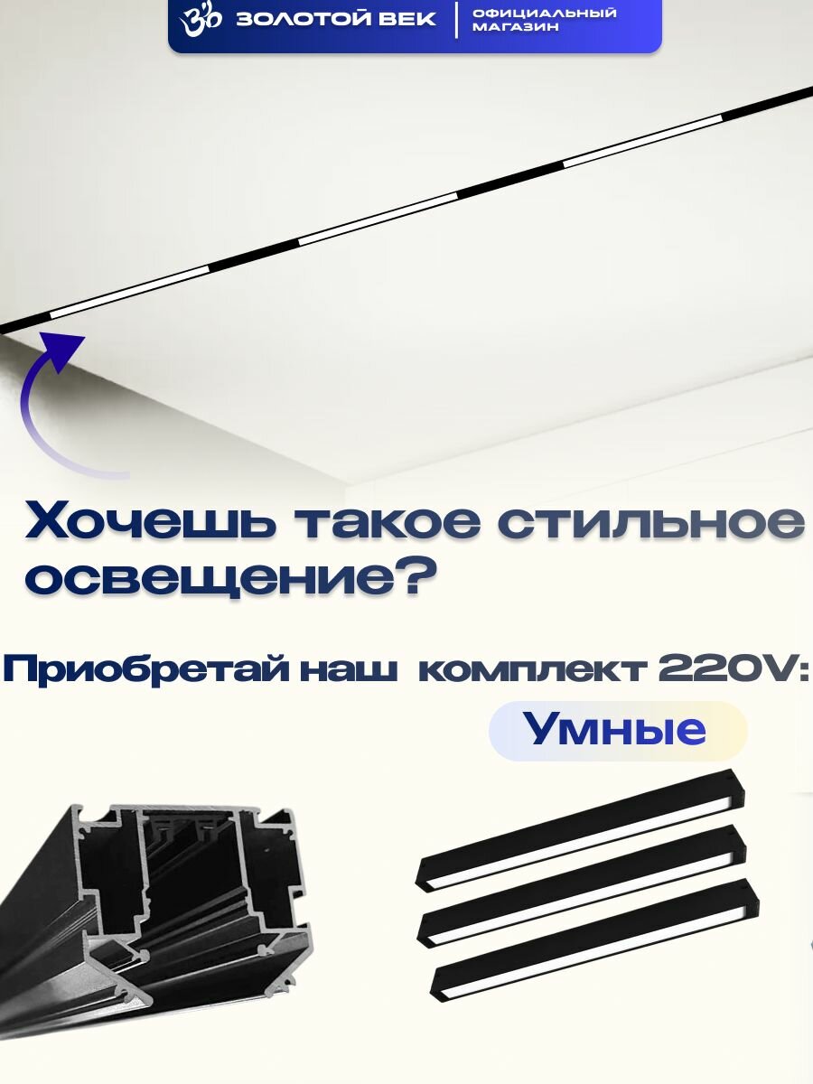 Готовый комплект трековой системы : магнитный трек 2 метра эфир 220V , линейные светильники диммируемые 3 шт ( Э2.04 комплект)