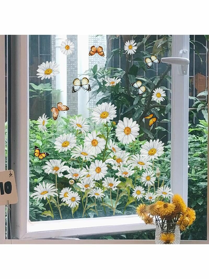 Наклейка на окно с белой маргариткой-бабочкой
