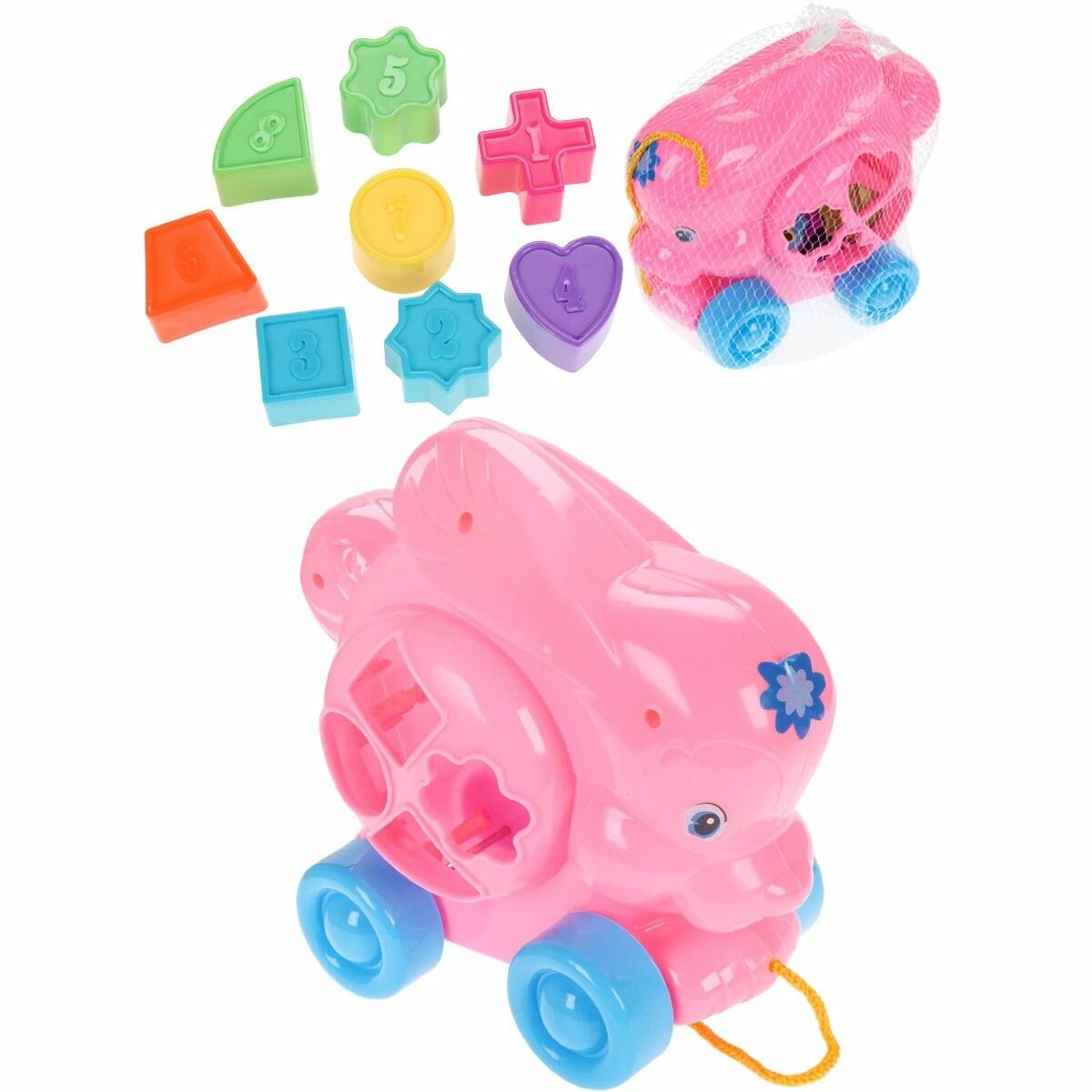 Каталка-сортер Рыжий кот Кролик на веревочке, размер 18х9.5х18 см, в сетке (И-1665)