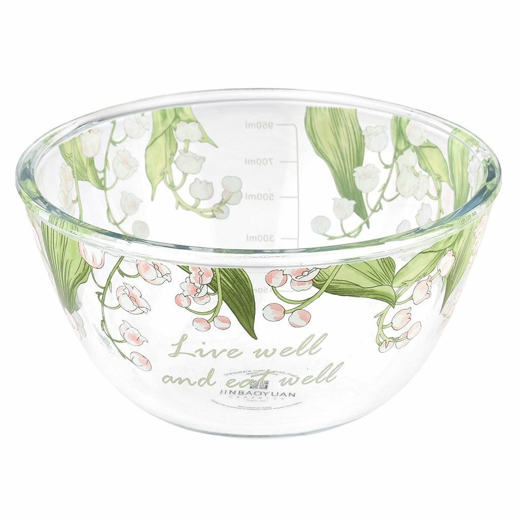 Салатник стеклянный "Ландыши" 1л д16,7см h8,9см, боросиликатное стекло, с деколью, с мерной шкалой