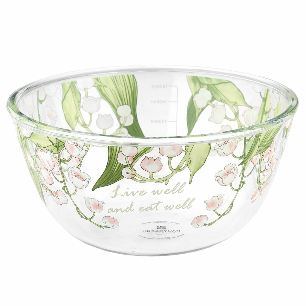 Салатник стеклянный "Ландыши" 2л д20,7см h10,3см, боросиликатное стекло, с деколью, с мерной шкалой