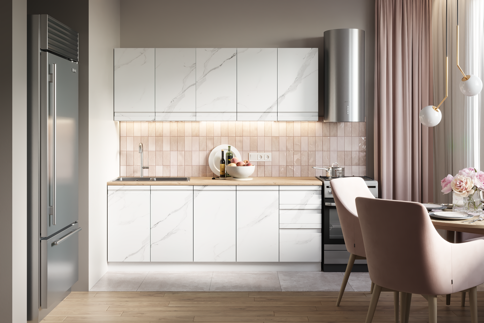 Кухонный гарнитур "Денуа" 2,0 м, монте белый мрамор