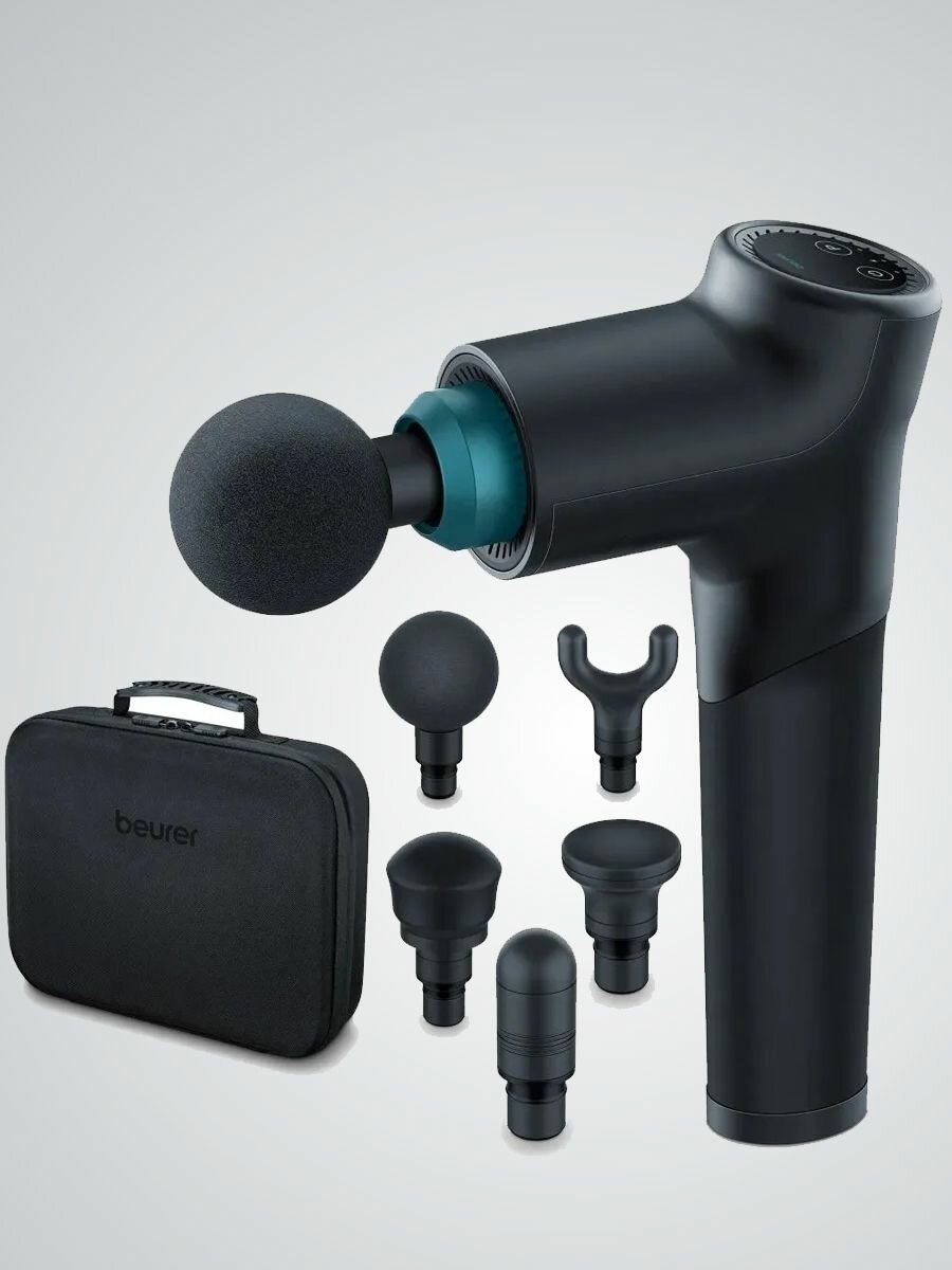 Перкуссионный массажер для тела Beurer MG 185 черный, массажный пистолет для глубоких мышц, ударный вибромассажер с 5 насадками и сенсорным дисплеем, беспроводной электромассажер для спортсменов