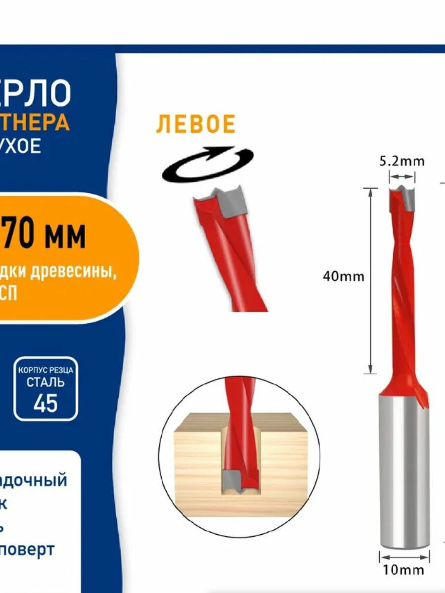 Сверло Форстнера усиленное "глухое" для присадки МДФ и ЛДСП - 15 х 70 мм левое