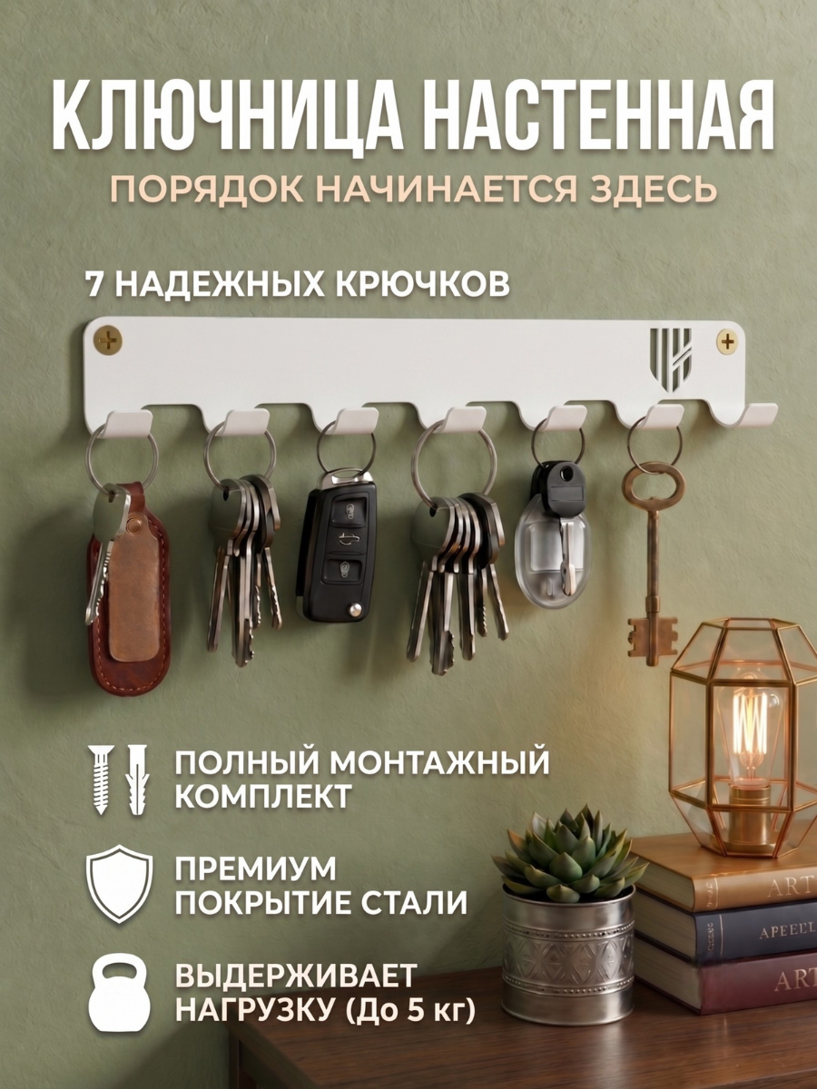 Ключница настенная, металл, 7 крючков, индустриальный дизайн