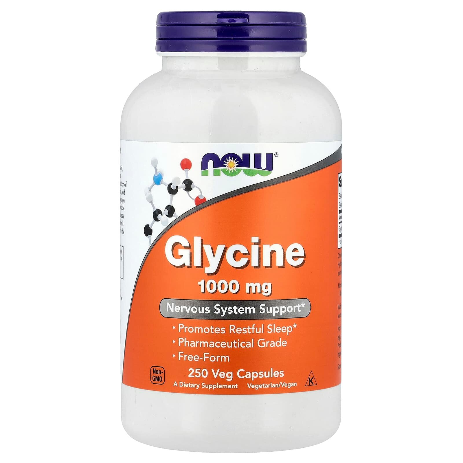 NOW Glycine, Глицин 1000мг 250 растительных капсул, Аминокислоты для мозга и памяти, для нервной системы, от стресса