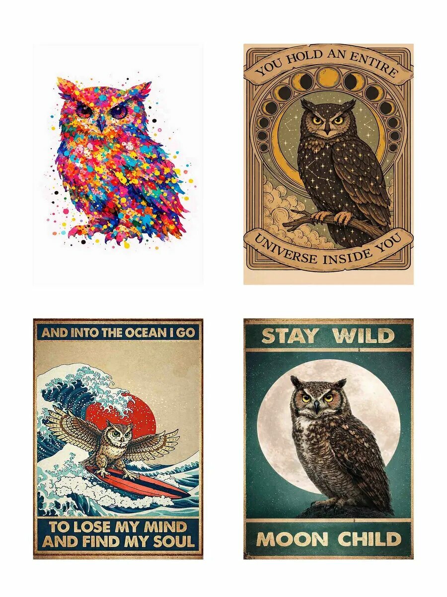 Сова, Stay Wild Moon Child, 4 Плаката, 30x21см