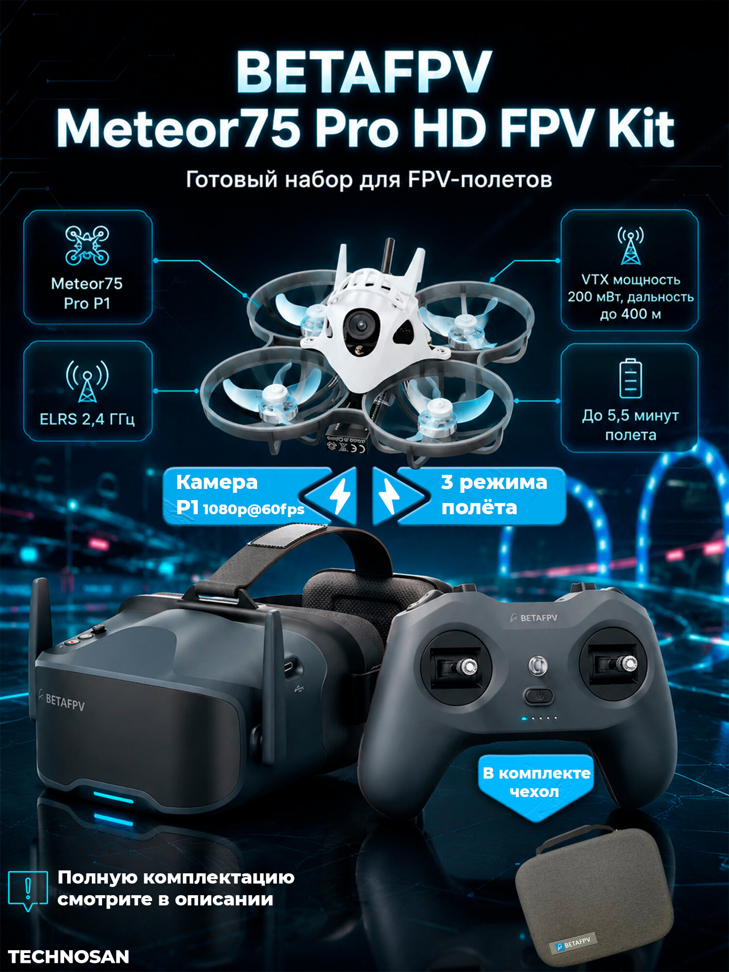 Комбо-набор BetaFPV Meteor 75 Pro HD FPV KIT, 5 минут полета, ELRS 2,4 ГГц