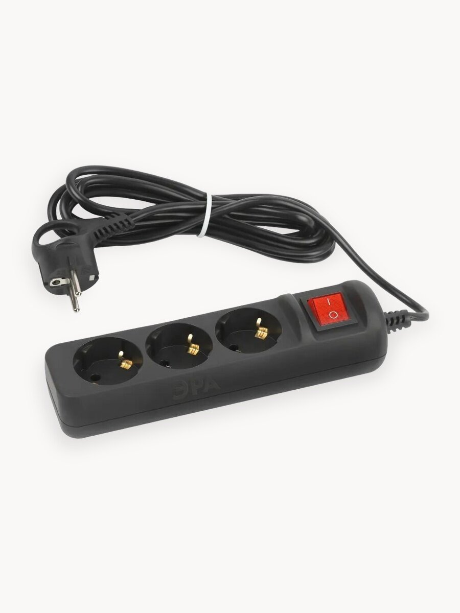 Удлинитель сетевой ЭРА UX-3es-5m-B, 3 розетки, с заземлением, с выключателем, 10А, ПВС 3х0,75 мм, 5 м