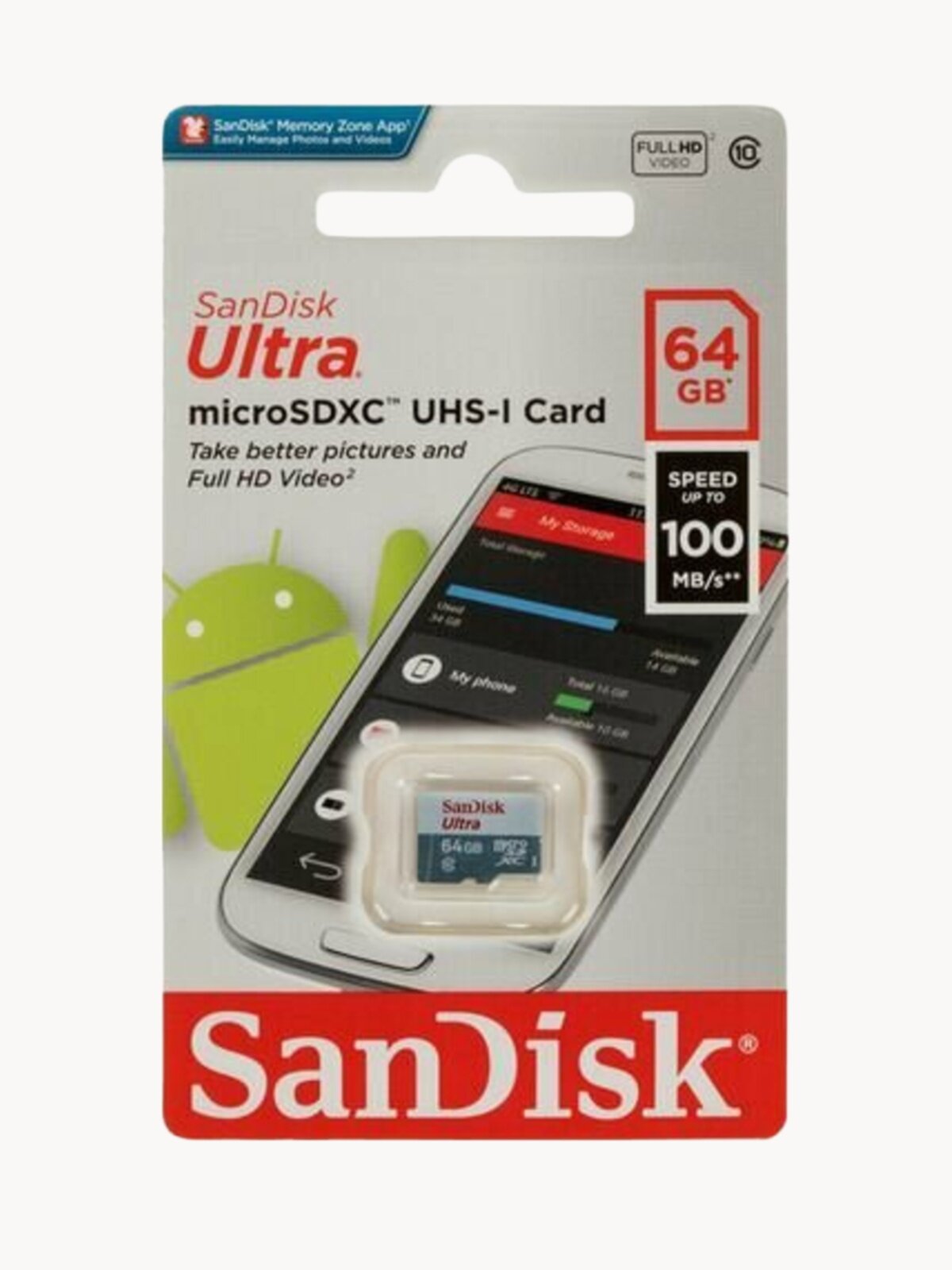 Карта памяти microSDXC UHS-I Sandisk Ultra 64 ГБ, 100 МБ/с, Class 10, SDSQUNR-064G-GN3MN, 1 шт, без адаптера