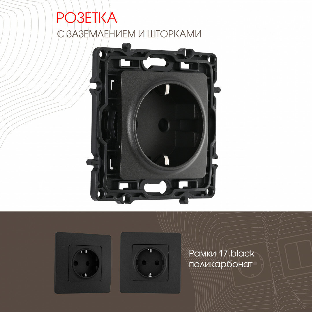 Розетка с заземлением и шторками, 16A 250V 217.40-1. black Arte Milano