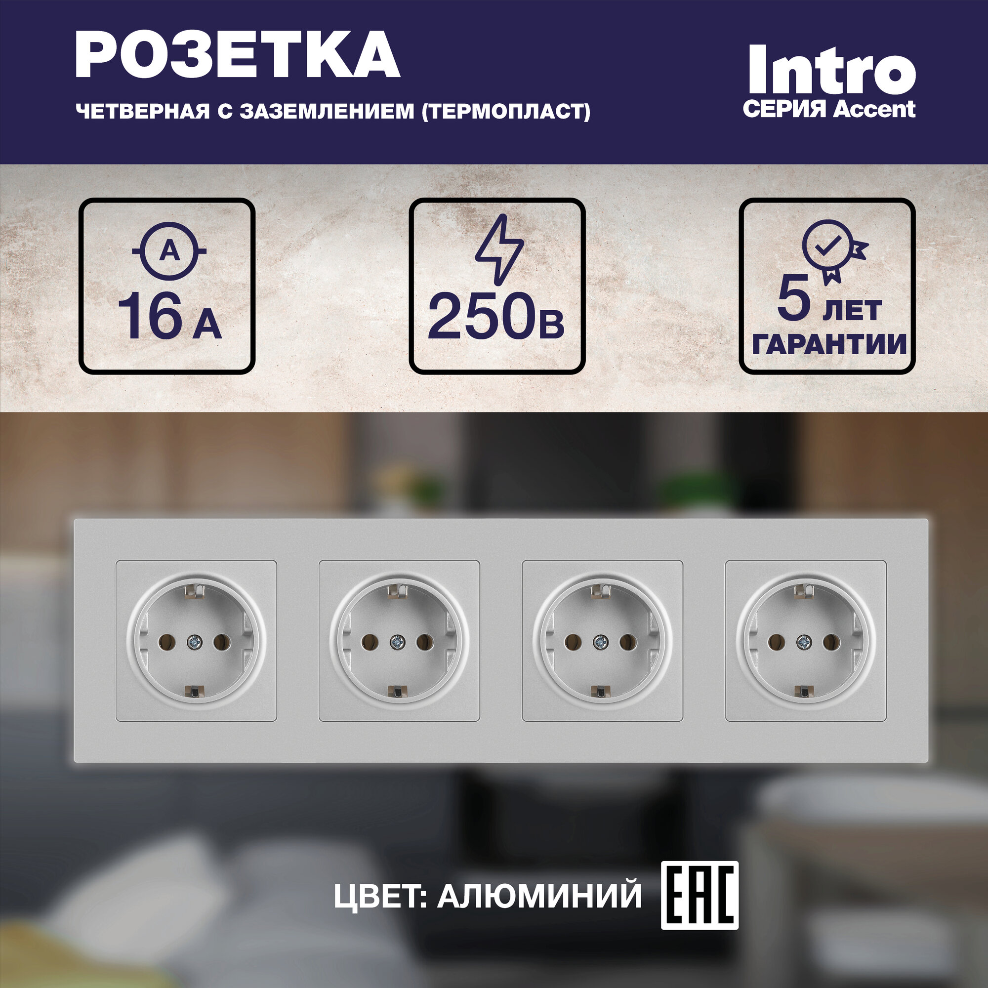 Четверная розетка с заземлением Intro Accent 6М-224-03 алюминий